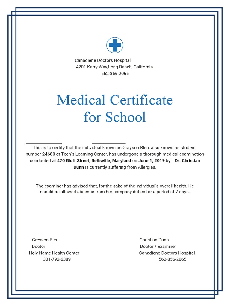 Medical Certificate For School | PDF | Wellness