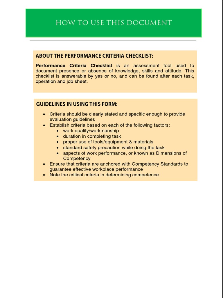 How To Use This Document: About The Performance Criteria Checklist ...