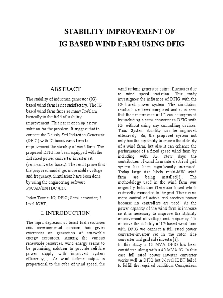 Stability Improvement of Ig Based Wind Farm Using Dfig | PDF | Wind Power | Power Inverter