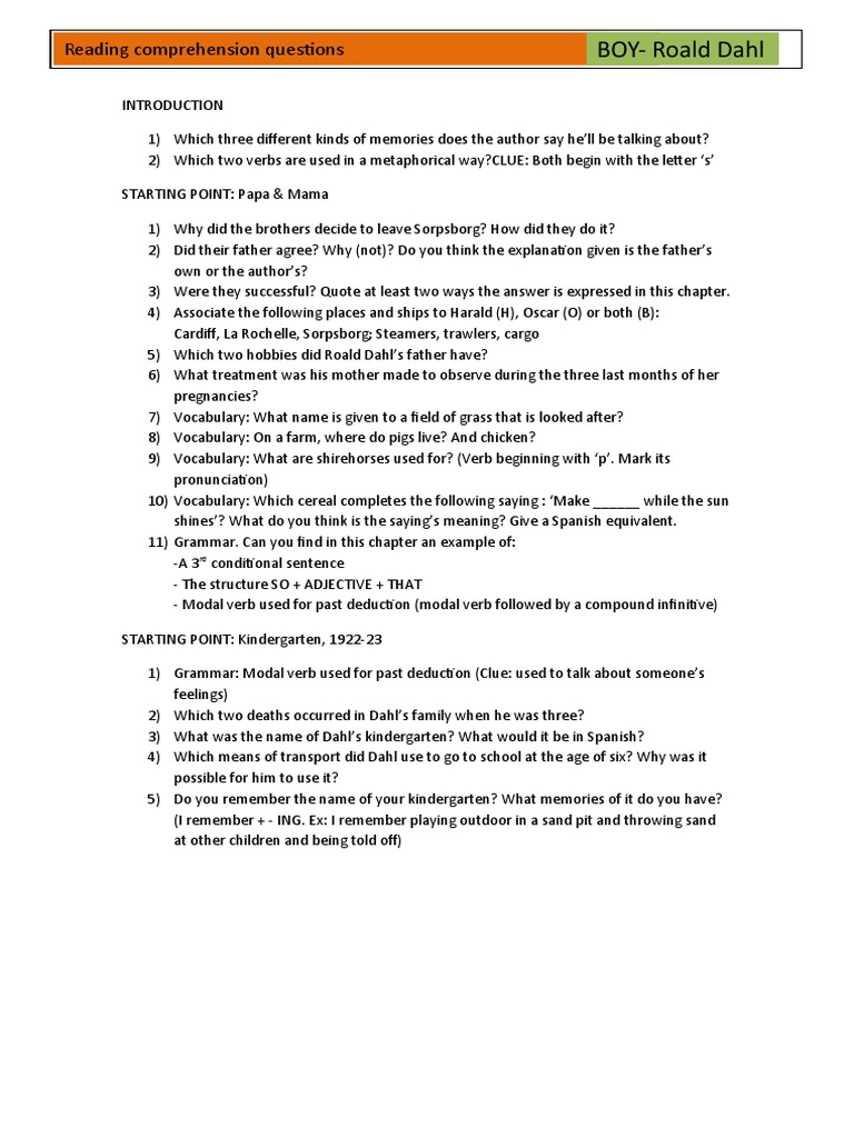 BOY-Roald Dahl: Reading Comprehension Questions | PDF