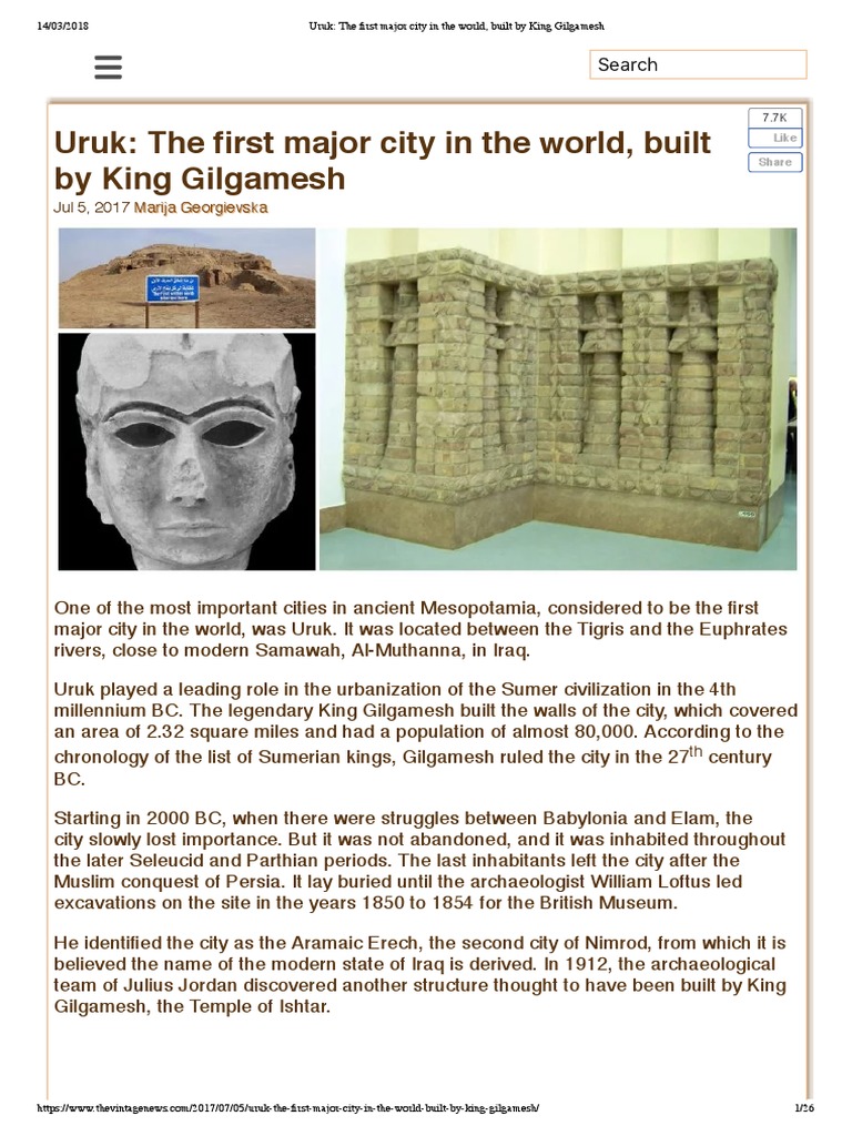 Uruk - The First Major City in The World, Built by King Gilgamesh | PDF ...