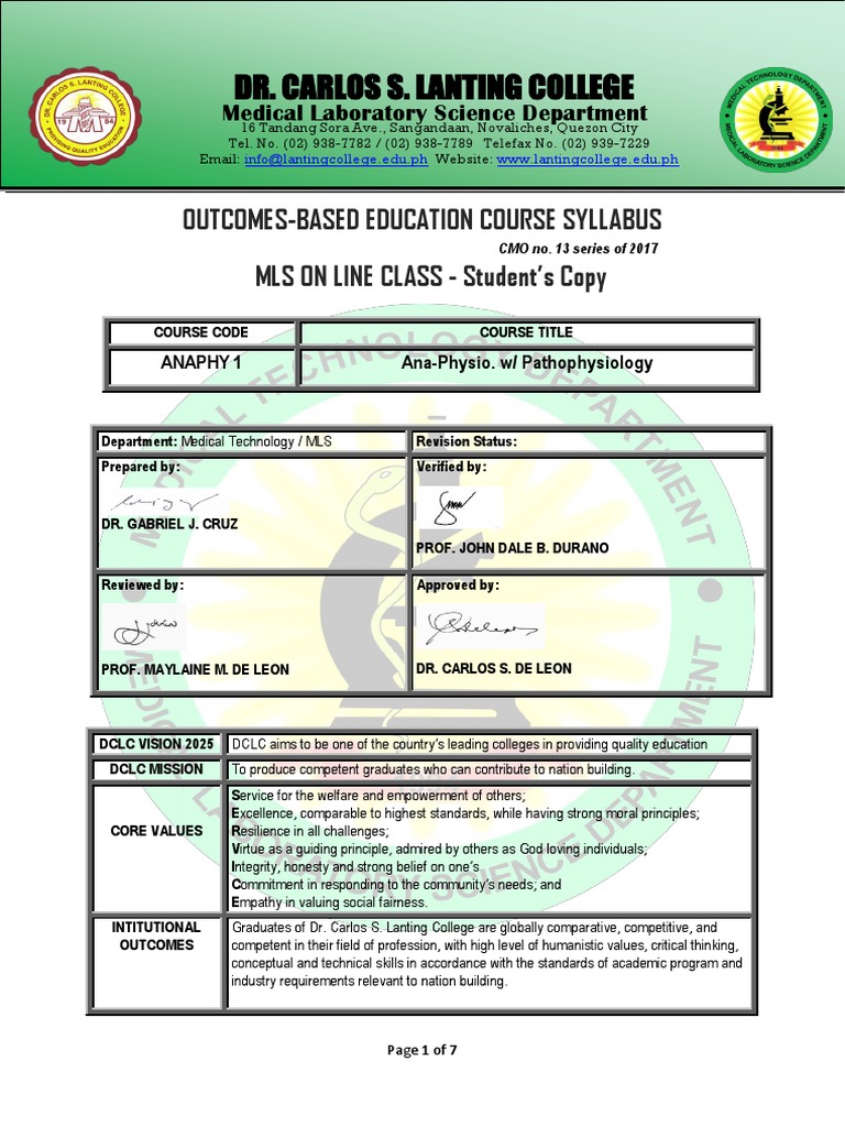 Dr. Carlos S. Lanting College: Outcomes-Based Education Course Syllabus ...