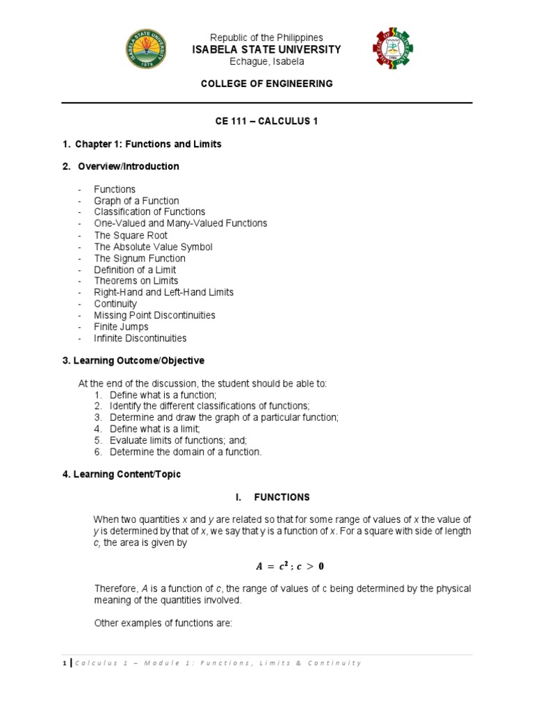 Diff. Calc. Module 1 Functions - Limits.Continuity | PDF | Continuous ...