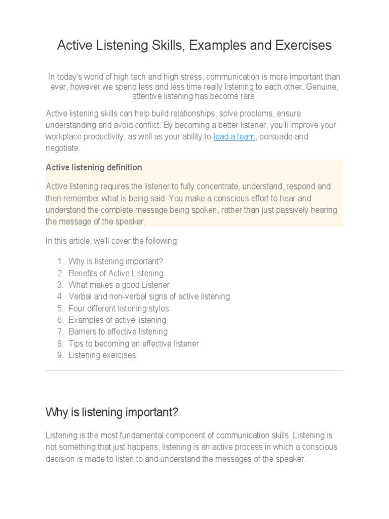 Active Listening Skills | PDF | Nonverbal Communication | Attention
