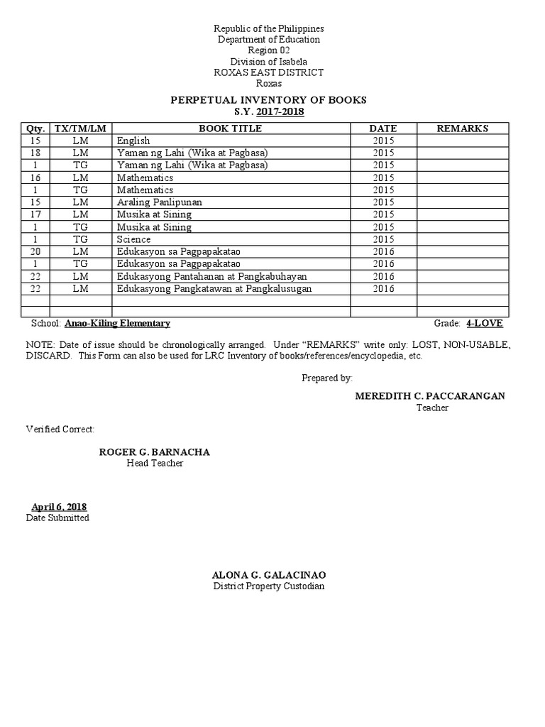 Perpetual Books Inventory Grade 4-LOVE - MEREDITH 2017-2018 | PDF