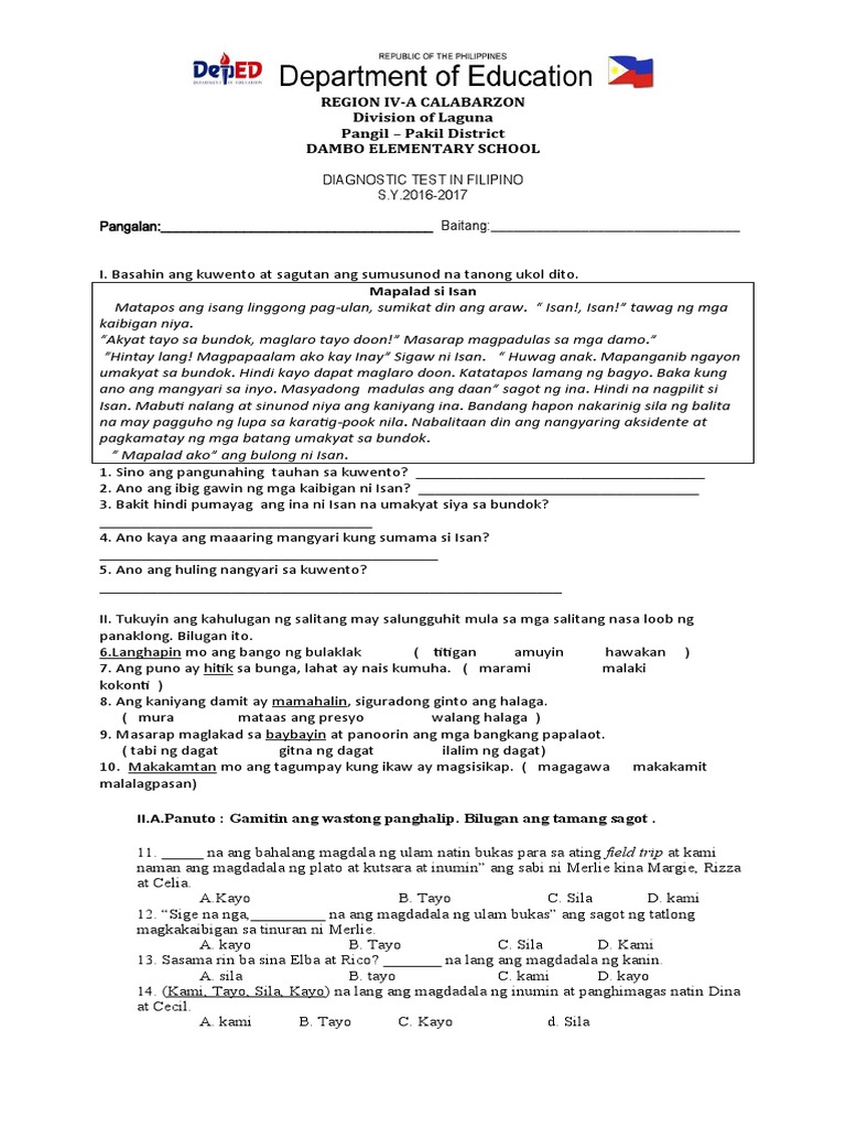 DIAGNOSTIC Test IN FILIPINO | PDF