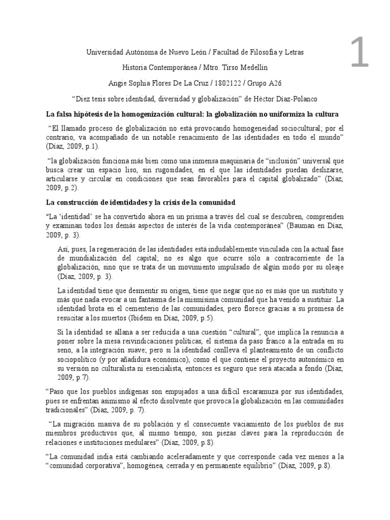 REPORTE 7 - "Diez Tesis Sobre Identidad, Diversidad y Globalización" de ...