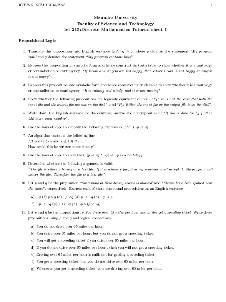 Mzumbe University Faculty of Science and Technology Ict 215:discrete Mathematics Tutorial Sheet ...