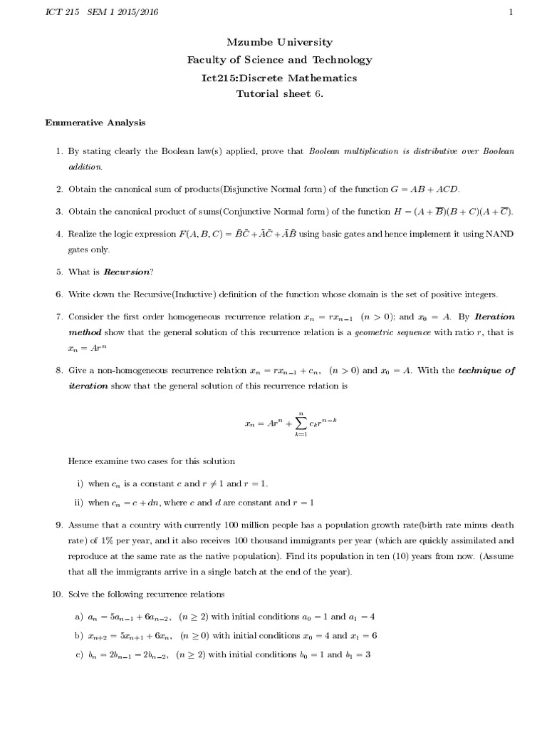 Mzumbe University Faculty of Science and Technology Ict215:Discrete Mathematics Tutorial Sheet 6 ...