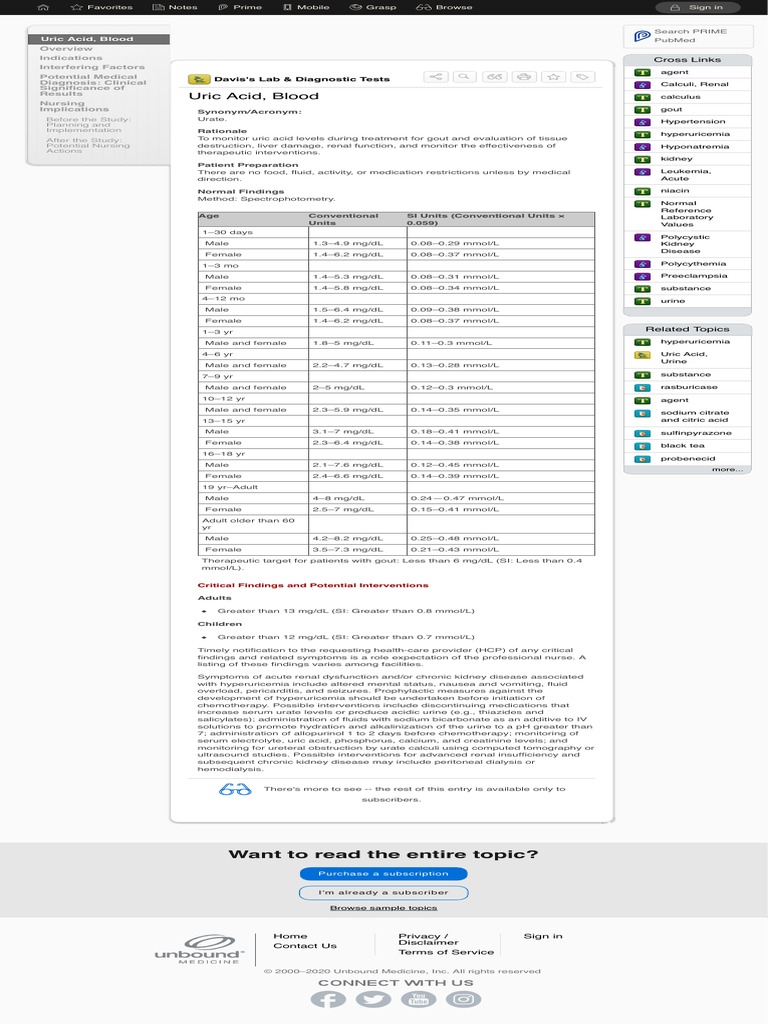 Uric Acid, Blood Davis's Lab & Diagnostic Tests | PDF | Gout | Medical ...