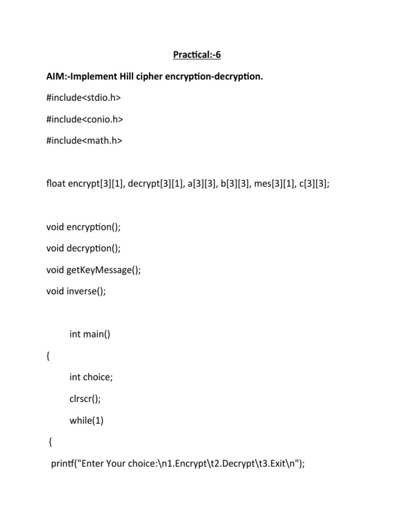 Practical:-6 AIM:-Implement Hill Cipher Encryption-Decryption | PDF | Cryptography | Cyberwarfare