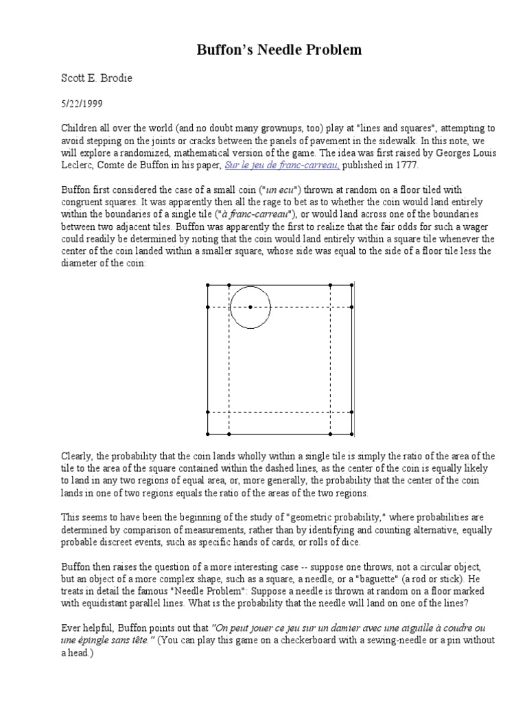 Buffon's Needle Problem: Scott E. Brodie | PDF | Sphere | Circle