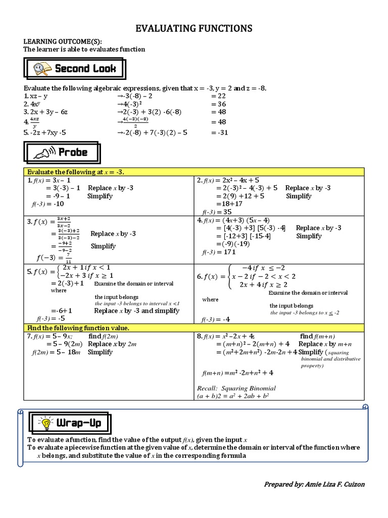Evaluating Functions PDF | PDF | Function (Mathematics) | Mathematical Relations
