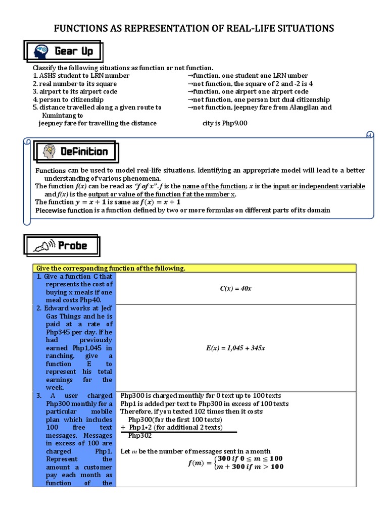 Gear Up Second Look: Functions As Representation of Real-Life Situations | PDF | Function ...