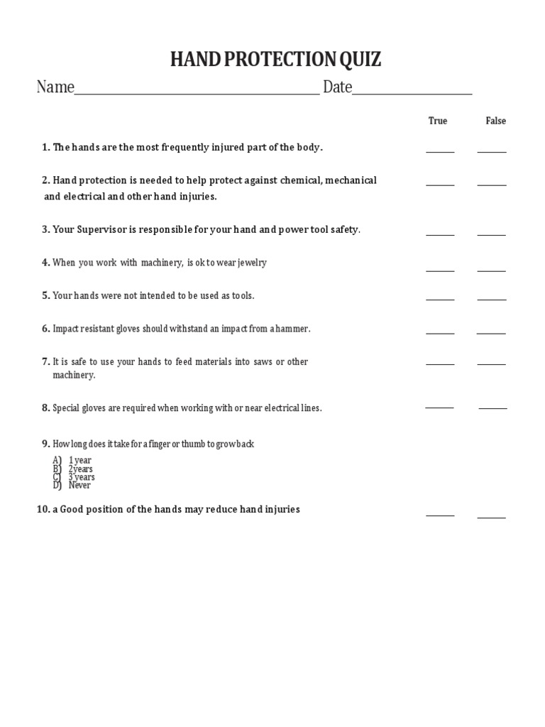 Hand Protection Quiz: Name - Date | PDF