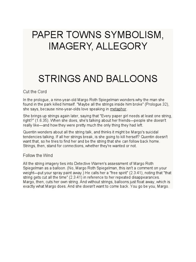 Paper Towns Symbolism, Imagery, Allegory Strings and Balloons | PDF