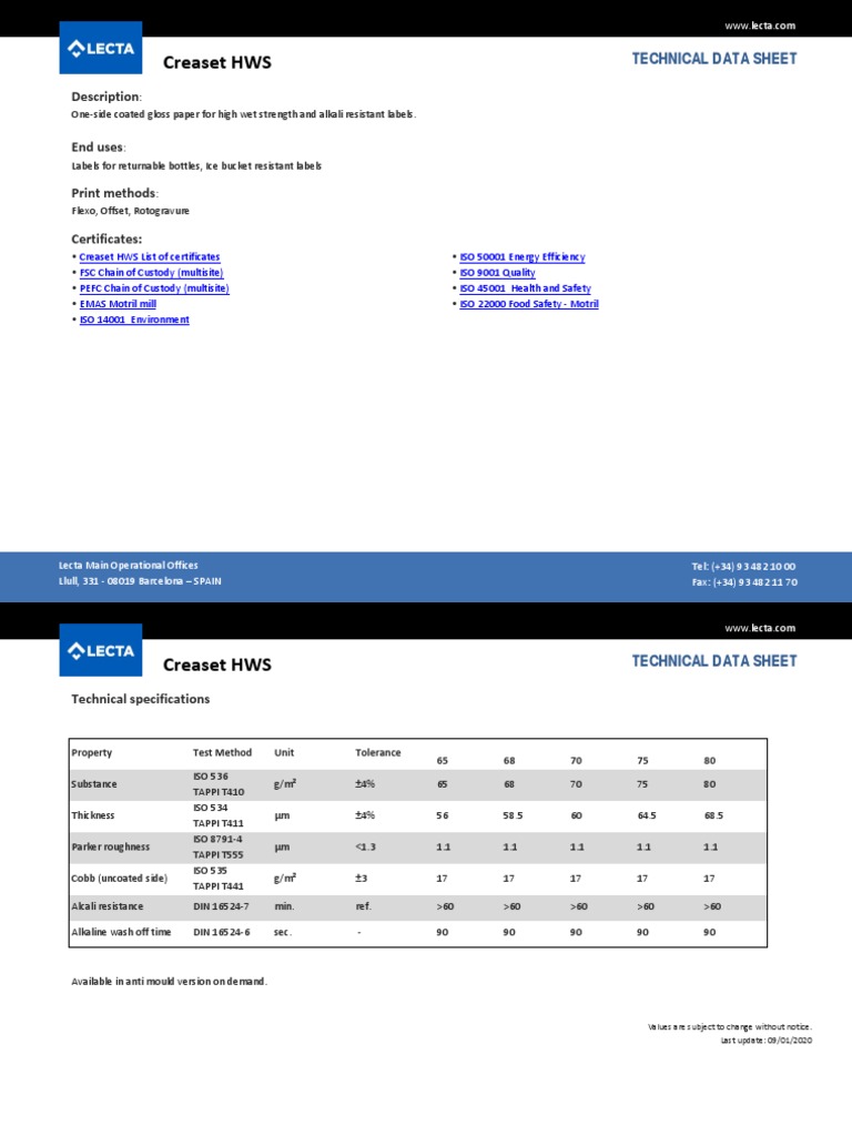 TDS - Paper WS - Lecta Creaset HWS - EN | PDF | Paper | Business Process