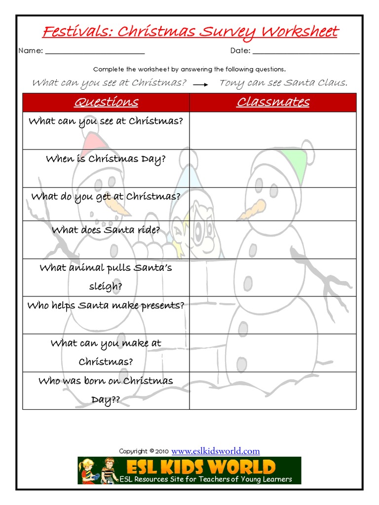 Festivals: Christmas Survey Worksheet: Questions Classmates | PDF