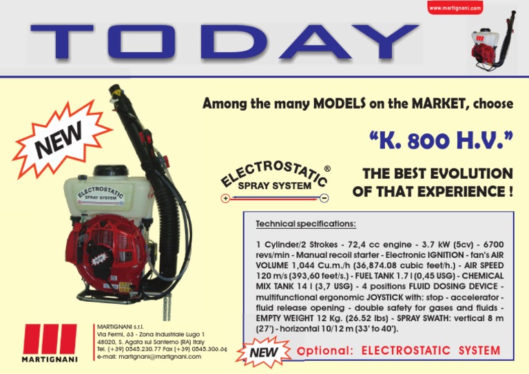 Martignani K. 800 H.V. Sprayer Specs | PDF