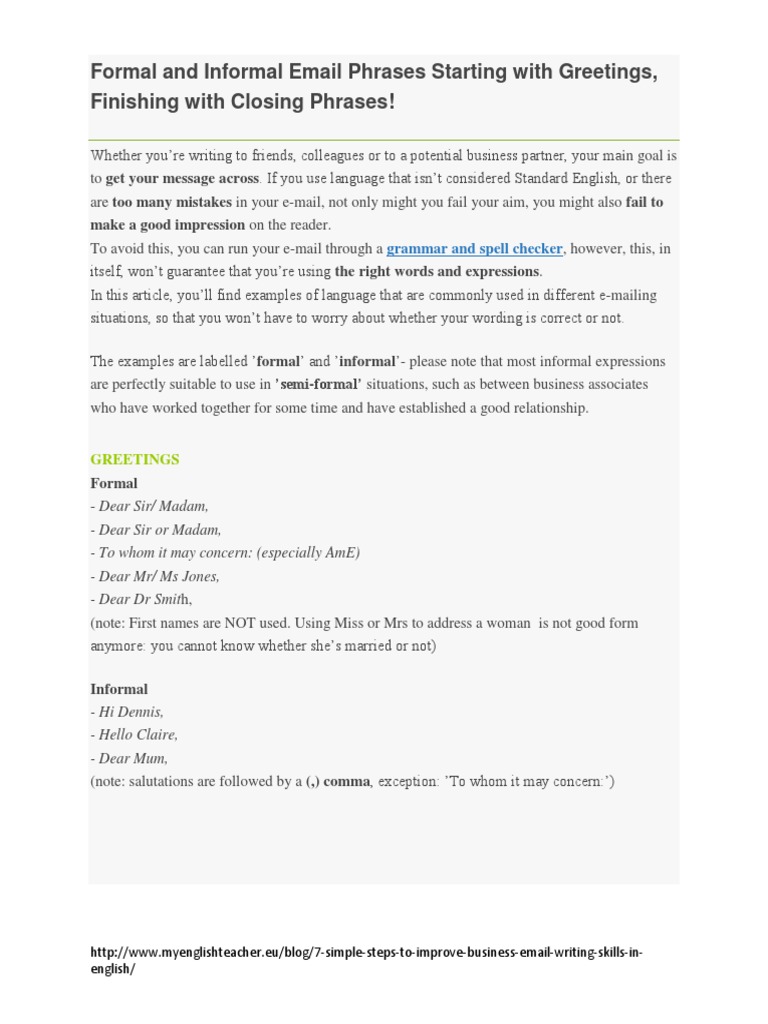 Email Writing: Formal vs Informal Phrases | PDF