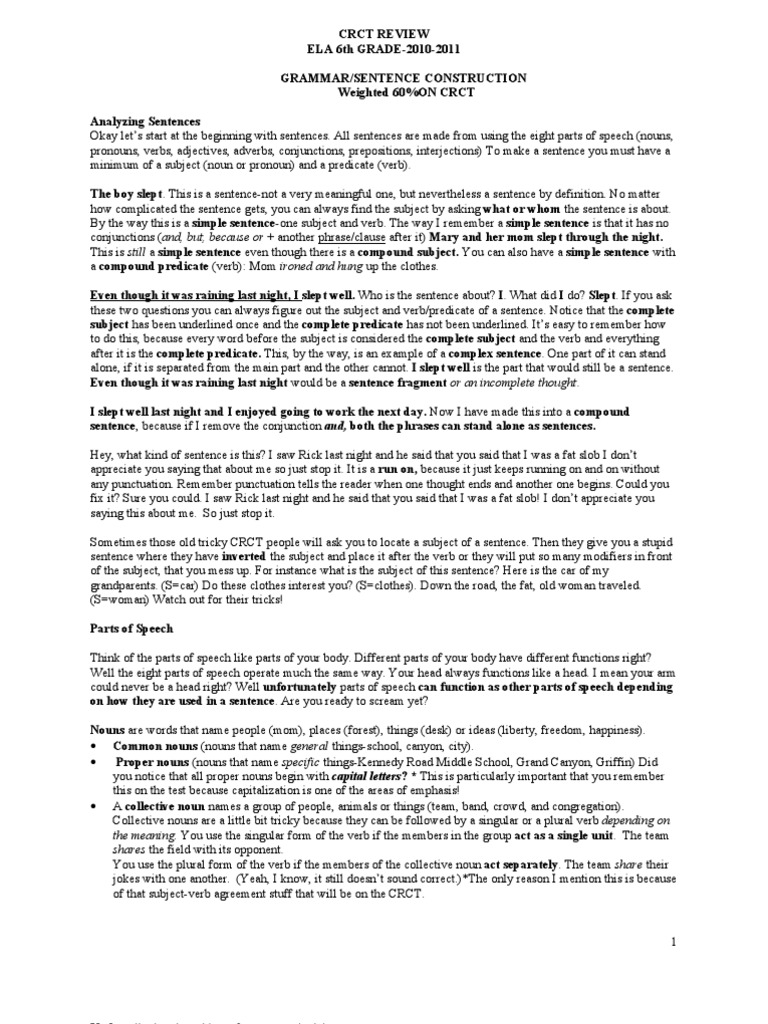 6th Grade English / Language Arts CRCT Review | PDF | Predicate ...