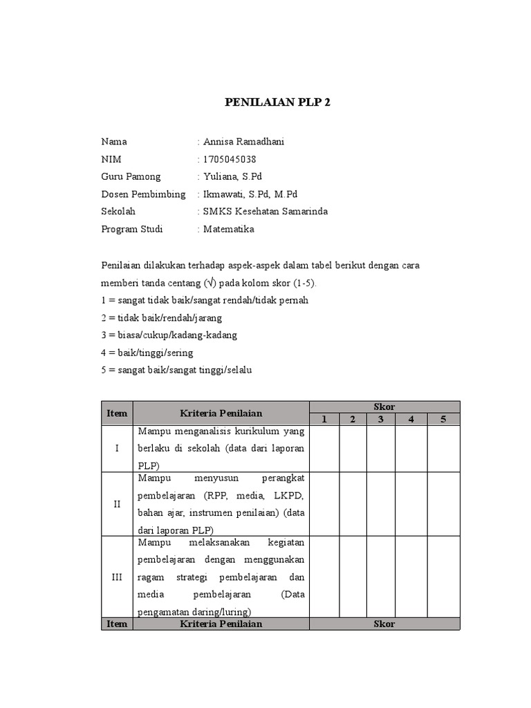 Penilaian PLP 2 Guru Pamong | PDF