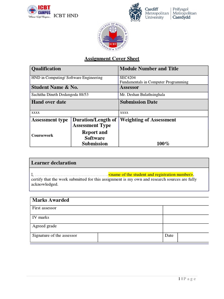 4th Assignment - Fundamentals in Computer Programming | PDF | Object ...