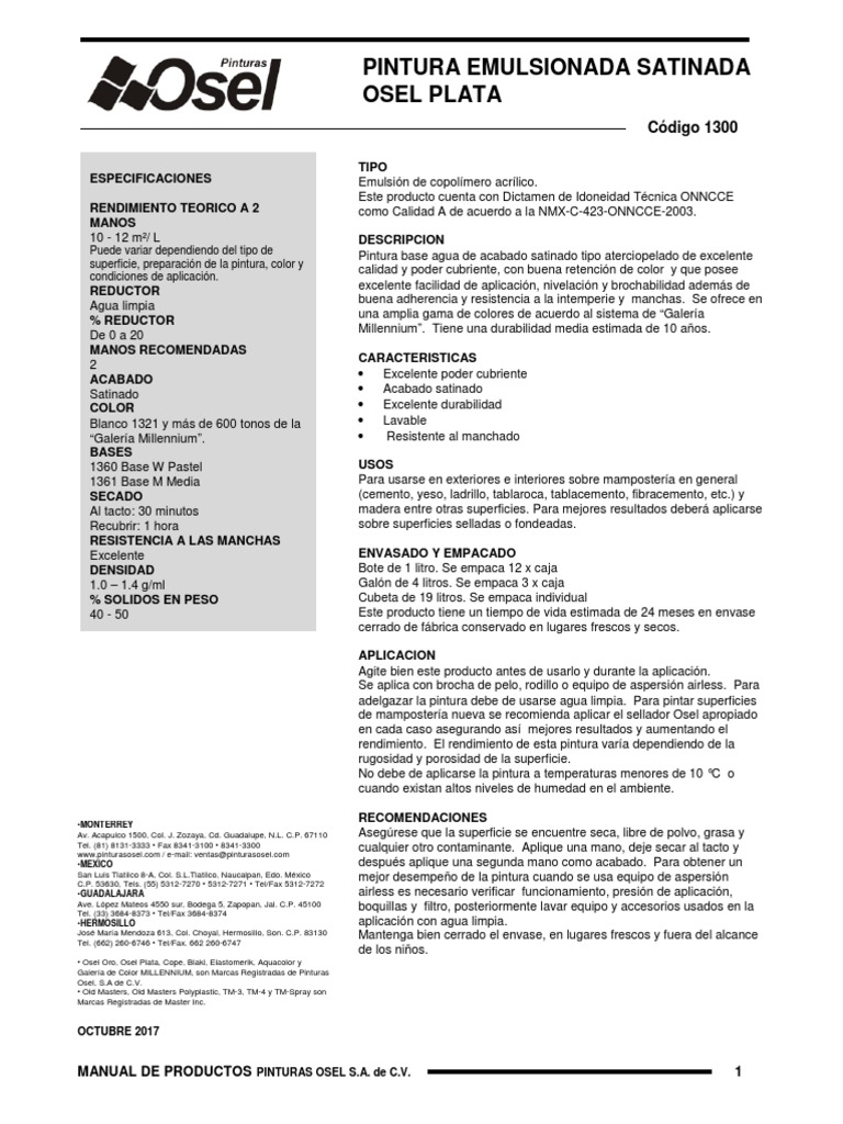 F10 08 Osel Pintura Acrilica Osel Plata 1300 (Gris - 1361) FT | PDF ...