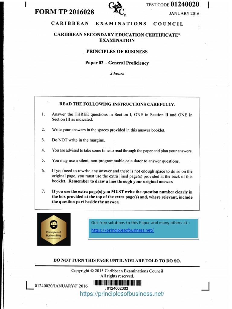 Csec Jan 2016 Principles of Business Paper 02 Pob 1 2 | PDF