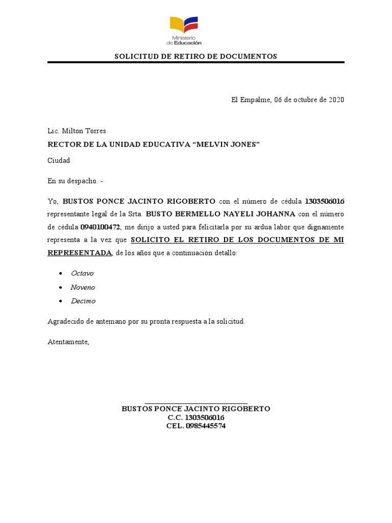 Solicitud de Retiro de Documentos Melvin Jones | PDF