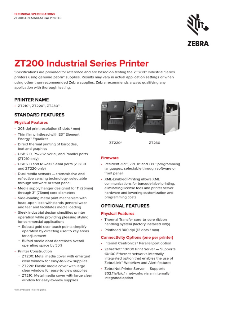 ZT200 Industrial Series Printer: Printer Name Standard Features | PDF | Printer (Computing ...