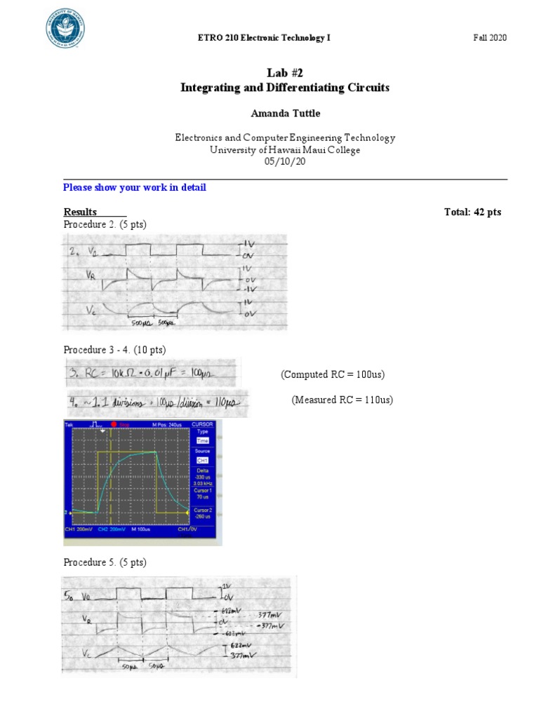Lab #2 Integrating and Differentiating Circuits: Amanda Tuttle | PDF