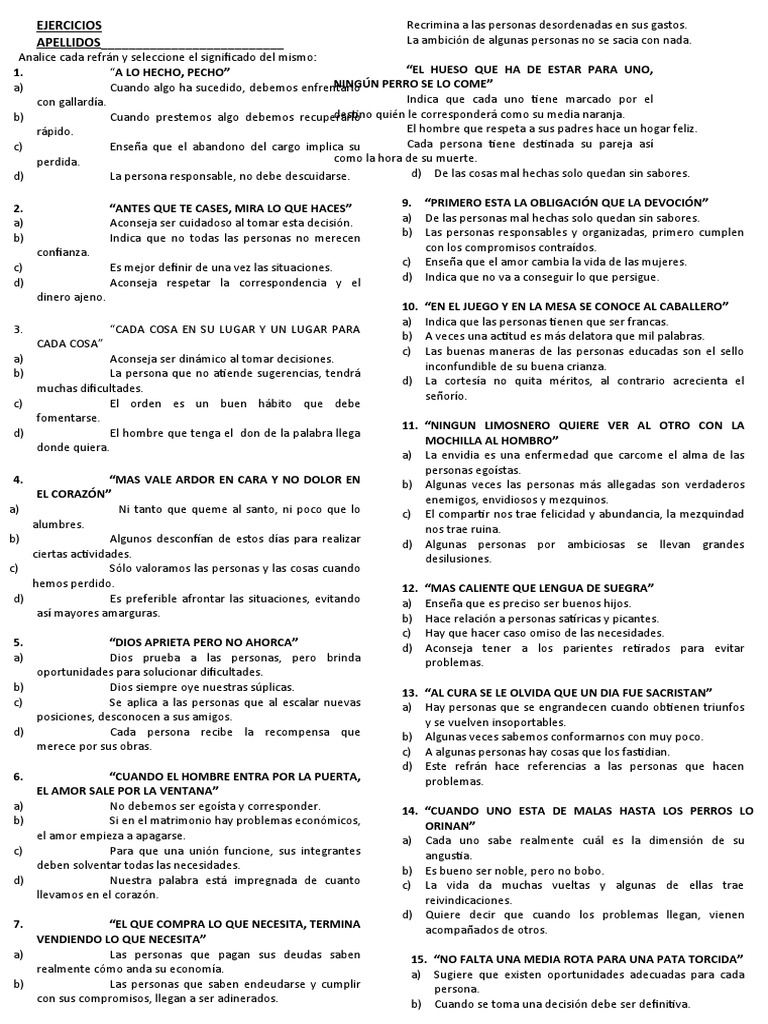 Ejercicos para Marcar Practica de Refranes | PDF | Amor