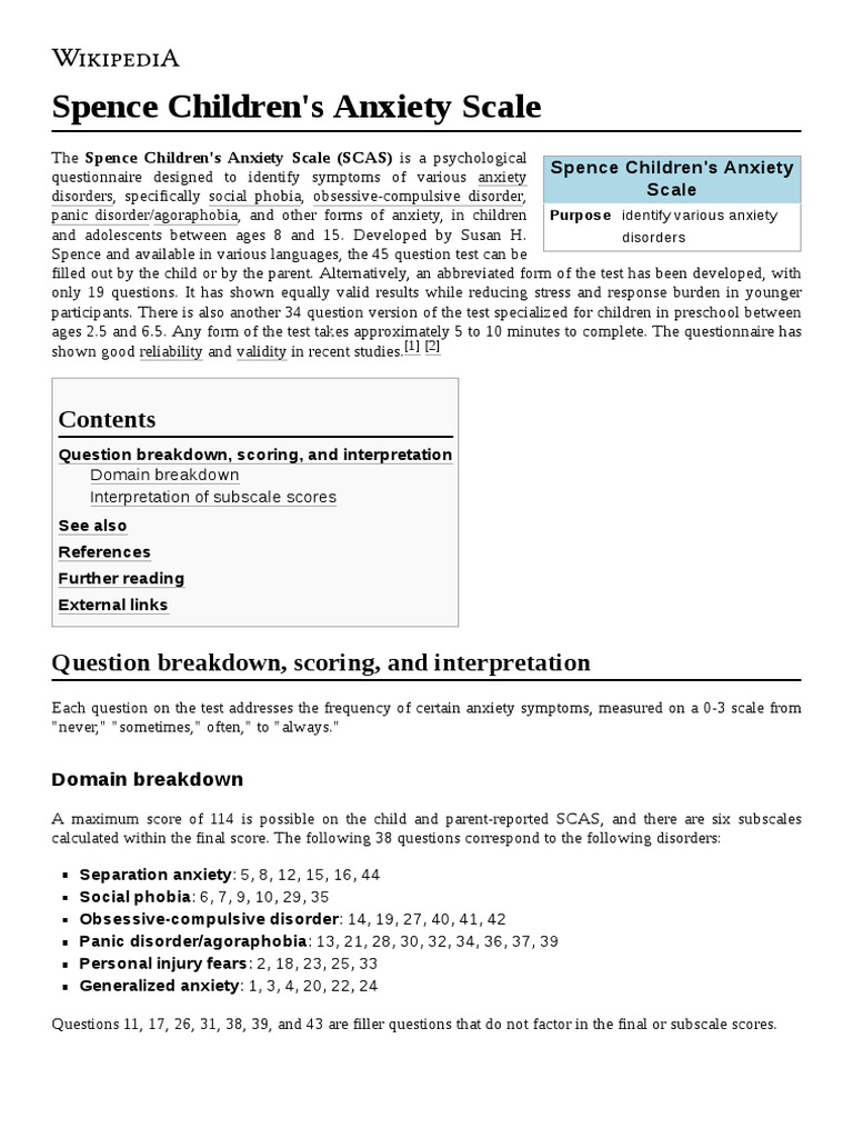 Spence Children's Anxiety Scale | PDF | Anxiety Disorder | Mental Disorder