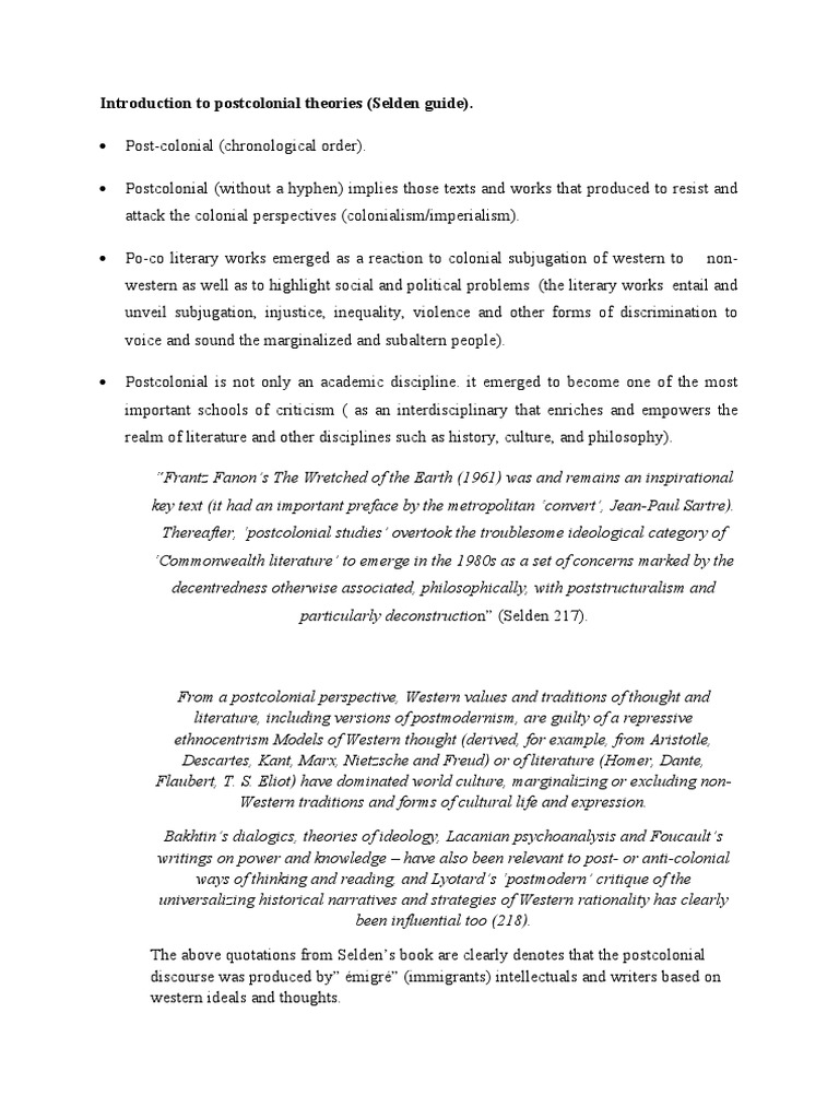 Introduction To Postcolonial Theories (Selden Guide) | PDF ...