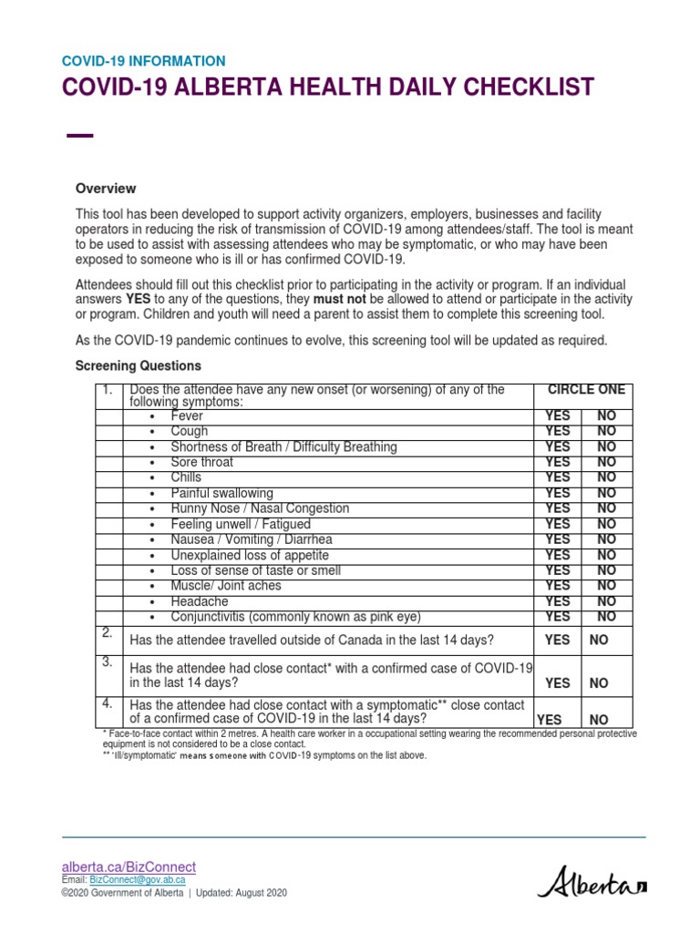 Alberta Health Daily Checklist | PDF | Health Sciences | Epidemiology