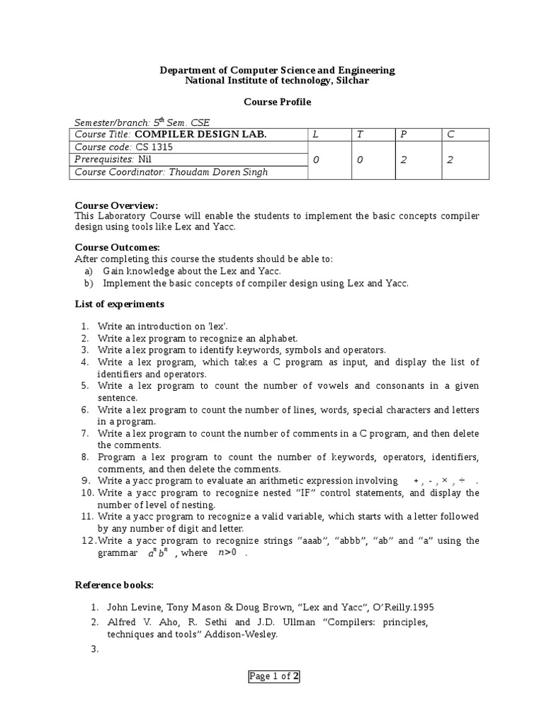 Compiler Design Lab | PDF | Compiler | Reserved Word