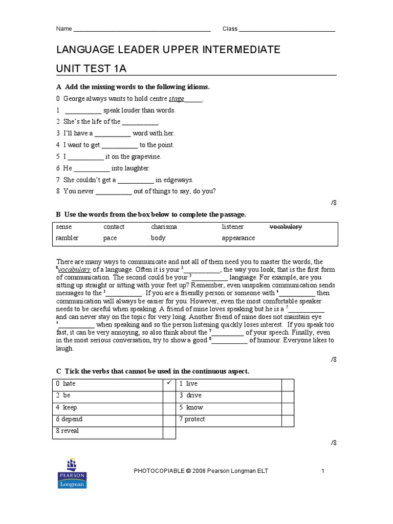 Language Leader Upper Intermediate Unit Test 1A: A Add The Missing ...