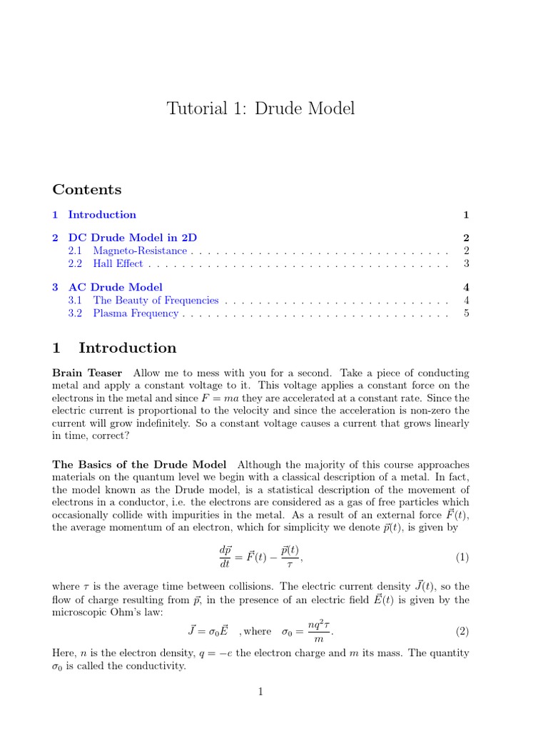 Tutorial 1: Drude Model | PDF | Electron | Electrical Resistivity And ...
