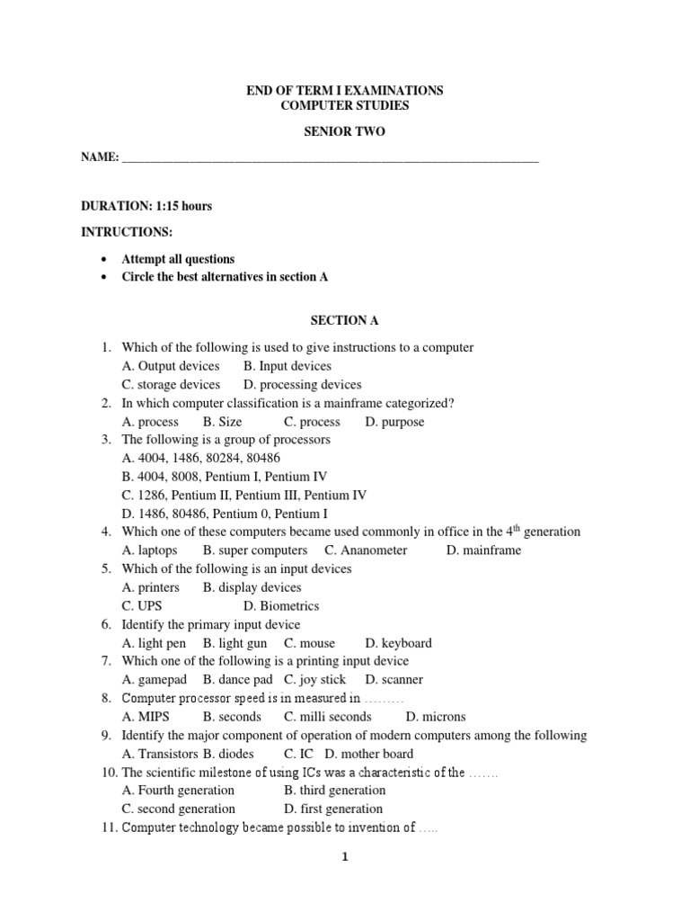 S2 COMPUTER End Term 1 EXAM | PDF | Input/Output | Central Processing Unit