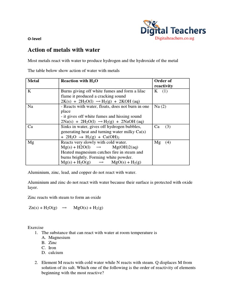 Action of Metals With Water: O-Level | PDF | Magnesium | Calcium