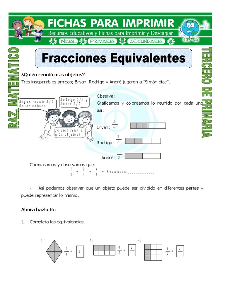 Fracciones Equivalentes para Tercer Grado | PDF | Fracción (Matemáticas ...