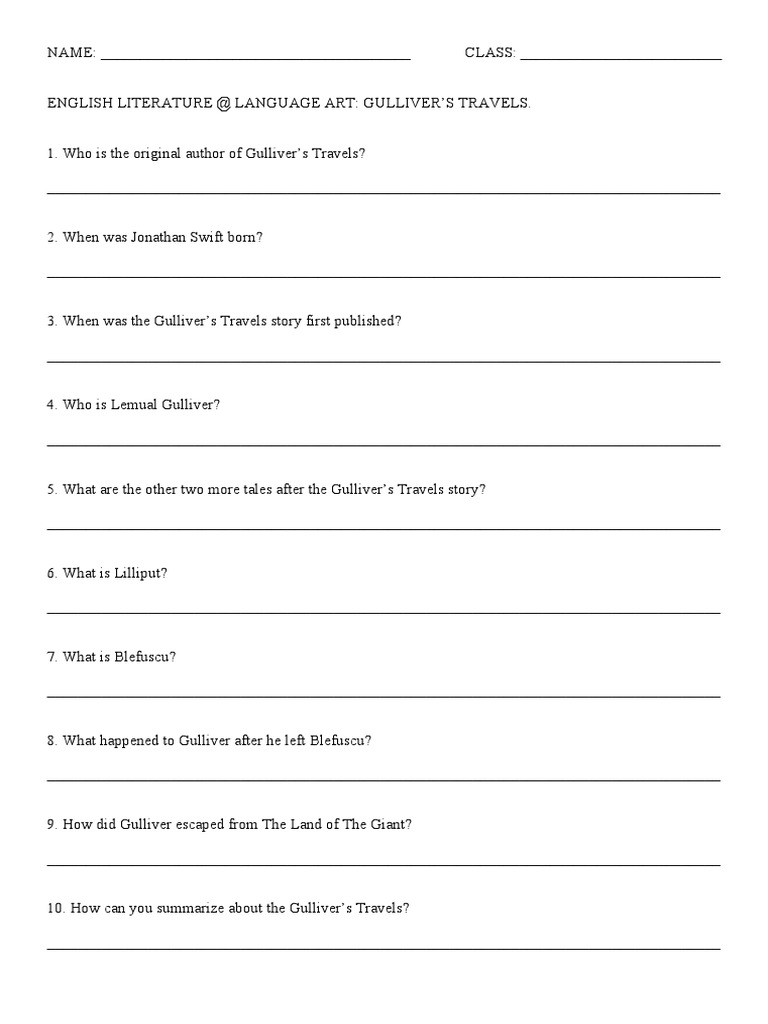 WORKSHEET ON ENGLISH LITERATURE at LANGUAGE ART GULLIVER'S TRAVELS ...
