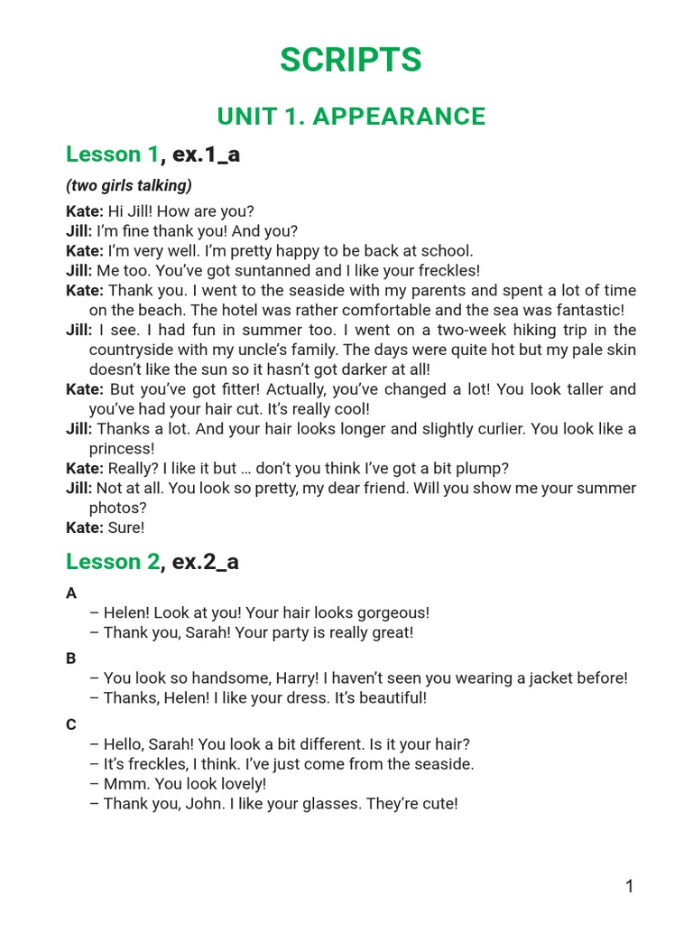 Scripts: Unit 1. Appearance | PDF | Hairstyle