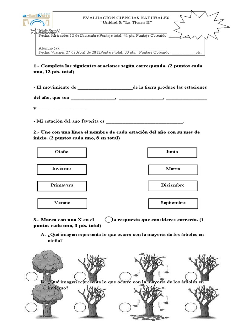 Evaluación Ciencias Naturales Nb1 | PDF | Verano | Invierno