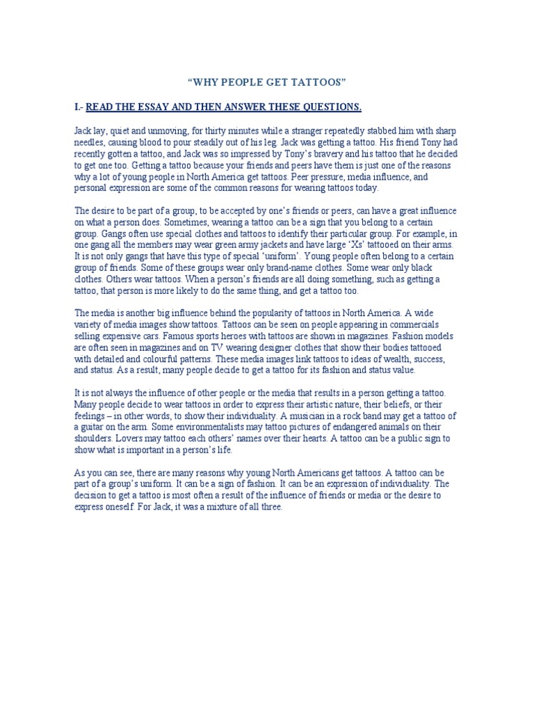 "Why People Get Tattoos": I.-Read The Essay and Then Answer These ...