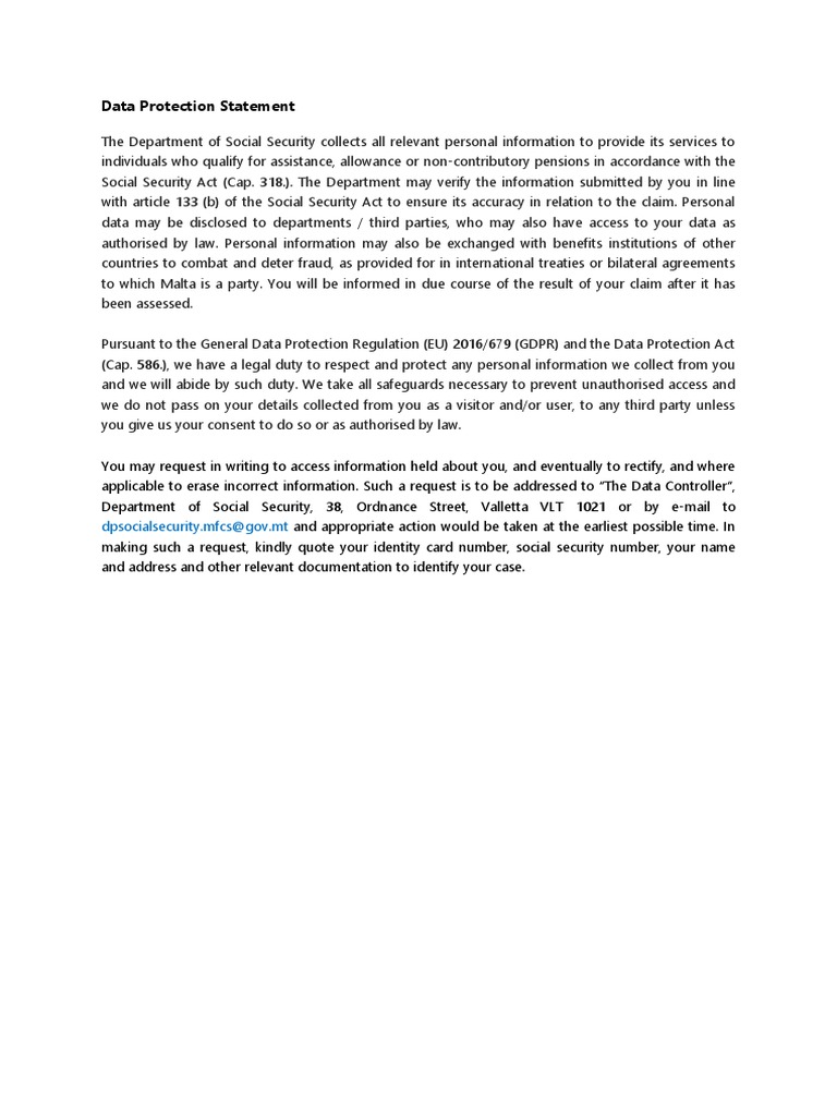 Data Protection Statement for Social Security | PDF