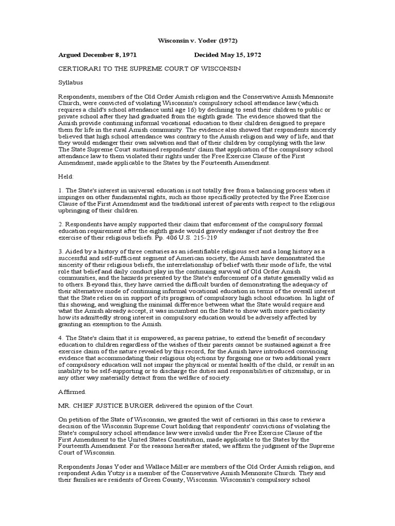 Wisconsin v. Yoder | PDF | Free Exercise Clause | First Amendment To ...