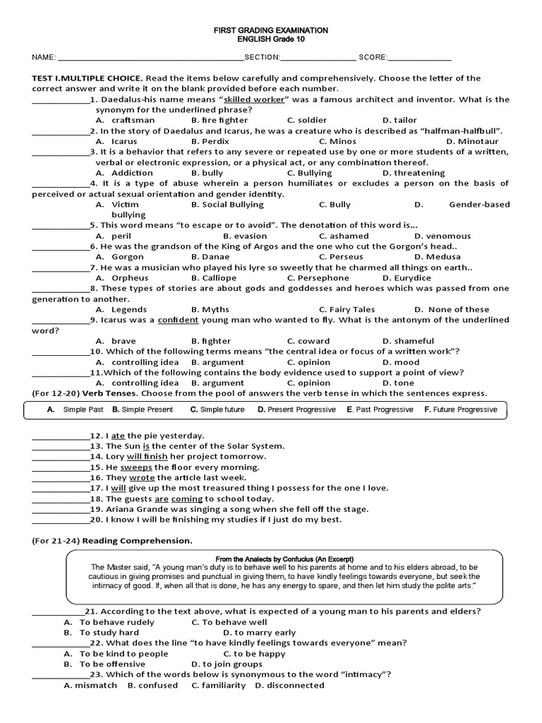 TEST I.MULTIPLE CHOICE. Read The Items Below Carefully and ...