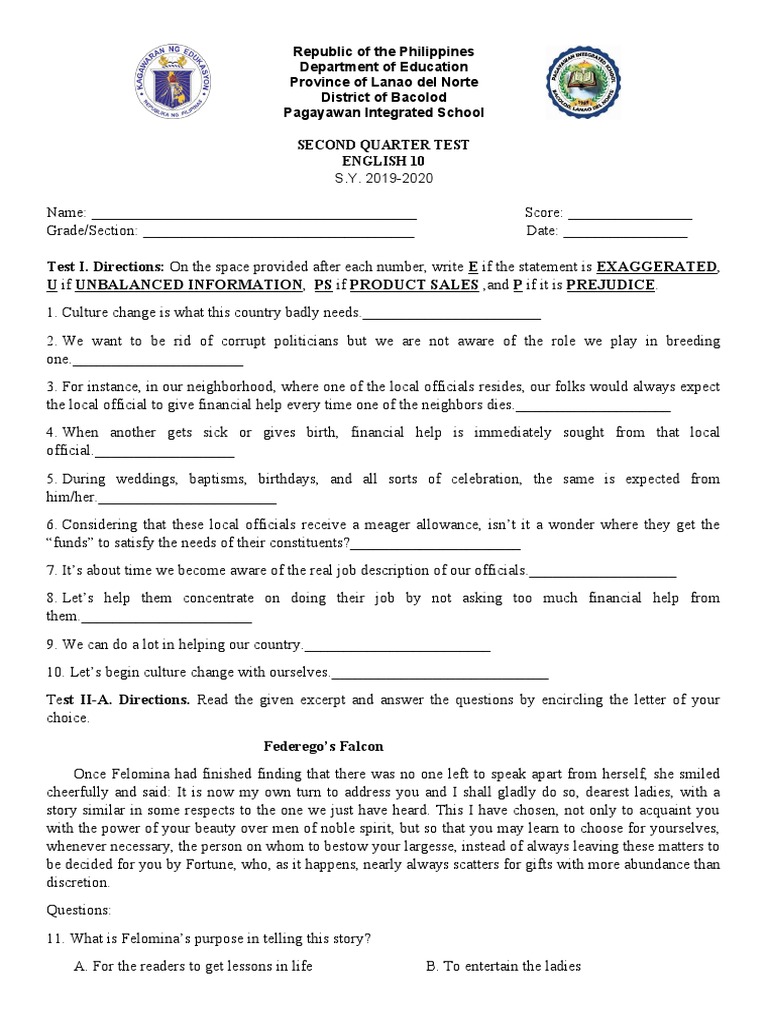 Second Quarter Test in English 10 | PDF | Test (Assessment)